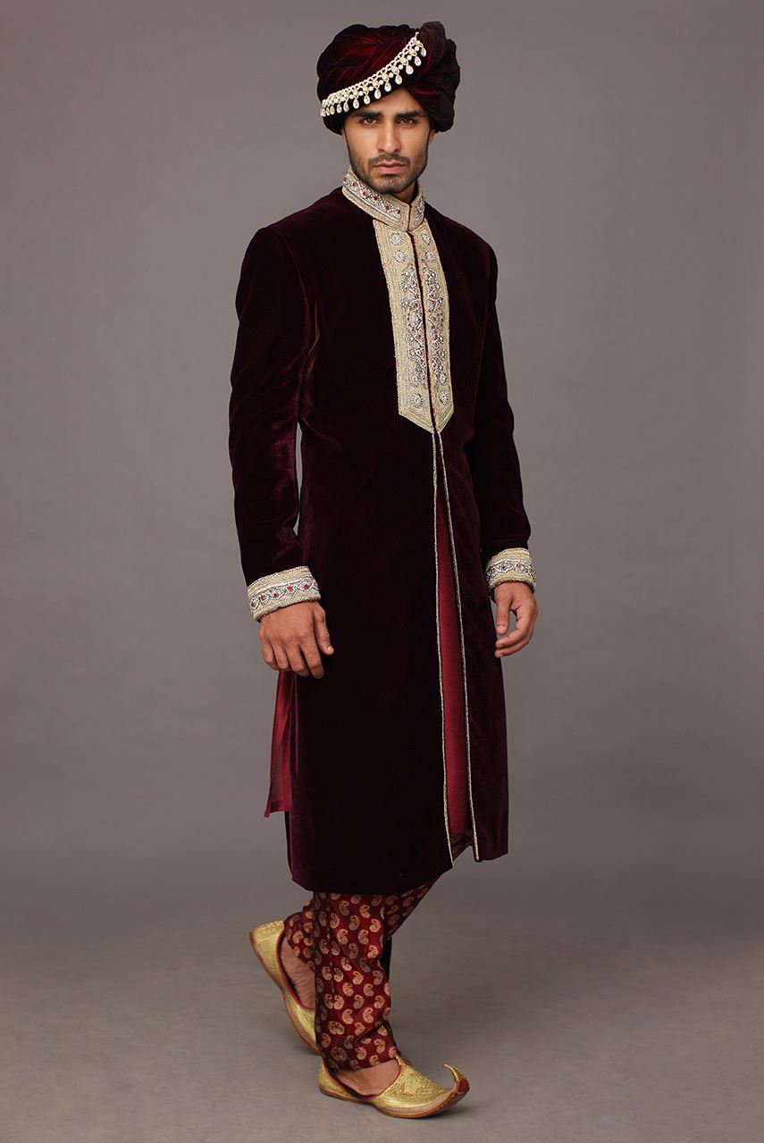 Maroon embellished sherwani | Deepak Perwani
