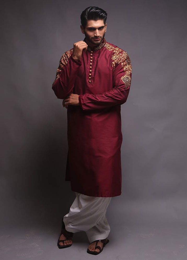 Maroon cotton silk kurta | Deepak Perwani