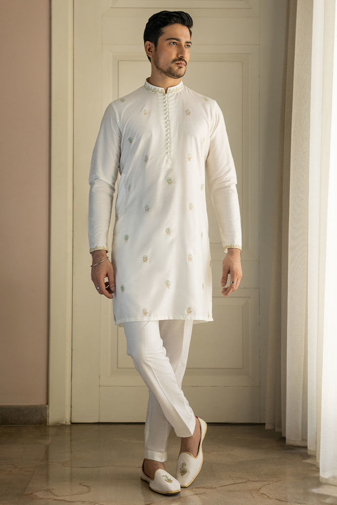 Plain off-white Cotton Silk Kurta and Pants | Deepak Perwani